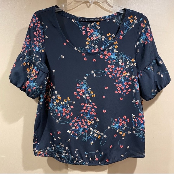 Zara | Tops | Zara Basic Navy Floral Print Blouse | Poshmark